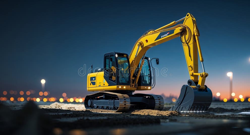 Yellow Excavator Operating at Night in a Modern Construction Site Stock ...