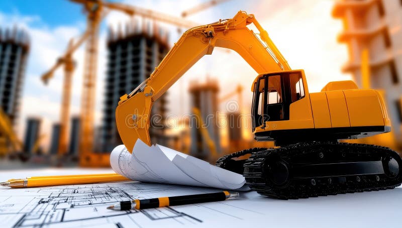 A Yellow Excavator Rests on Construction Blueprints, Showcasing the Planning and Execution of a ...