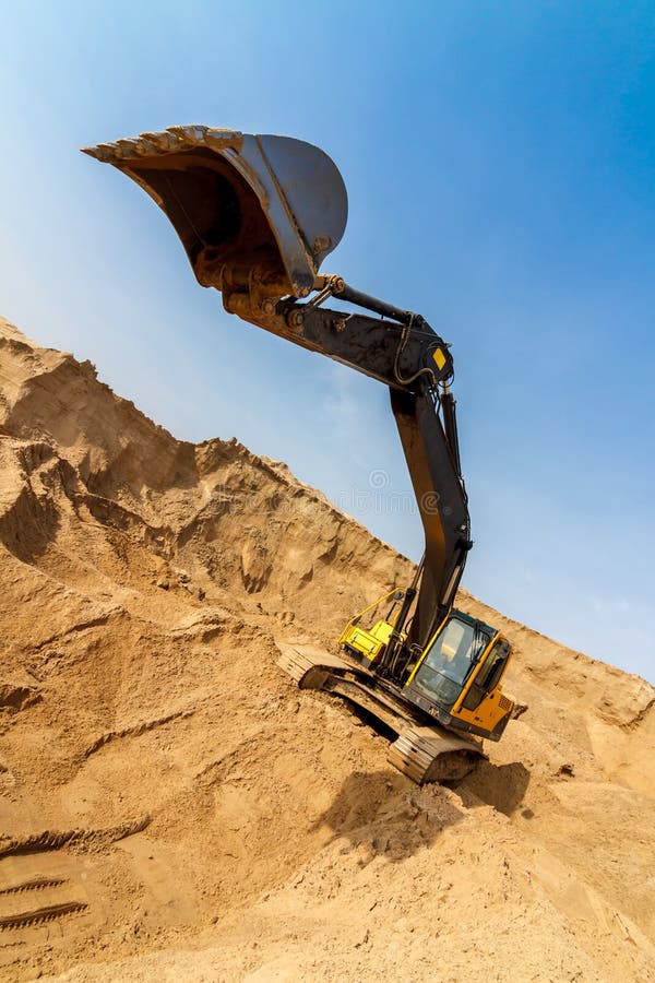 Yellow Excavator Work Extreme Wide-angle Stock Photo - Image of backhoe ...
