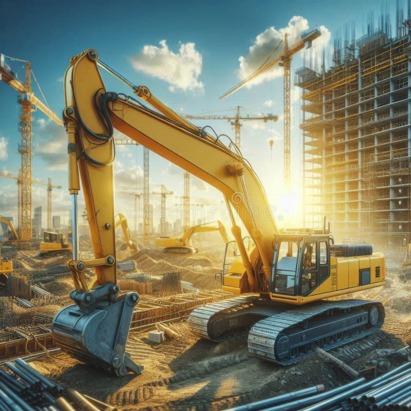Yellow Excavator Working on Construction Site Under Blue Sky Stock ...