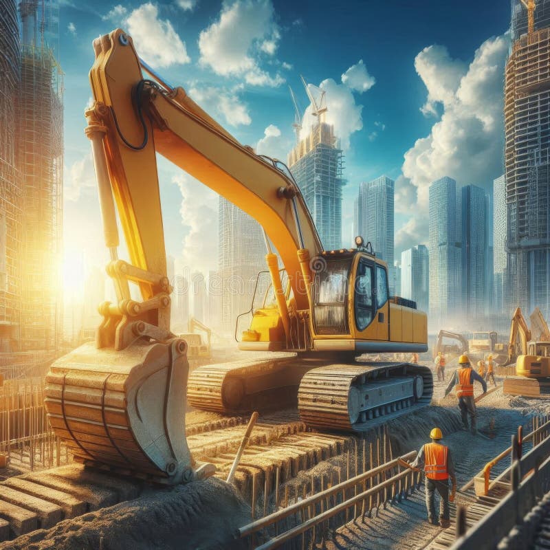 Yellow Excavator Working on Construction Site Under Blue Sky Stock ...