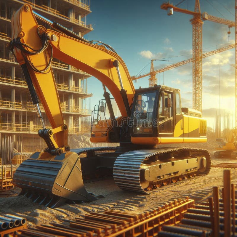 Yellow Excavator Working on Construction Site Under Blue Sky Stock ...