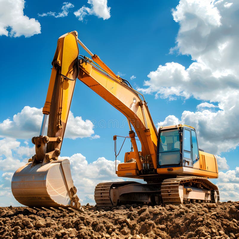 Yellow Excavator Working on Construction Site Under Blue Sky Stock ...