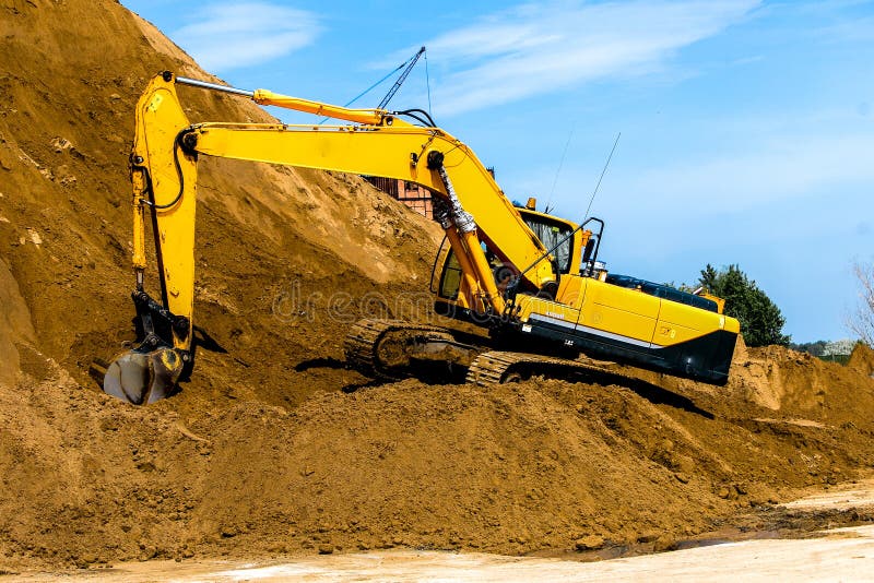 Yellow Excavator Working Digging in Sand Quarry Stock Image - Image of ...