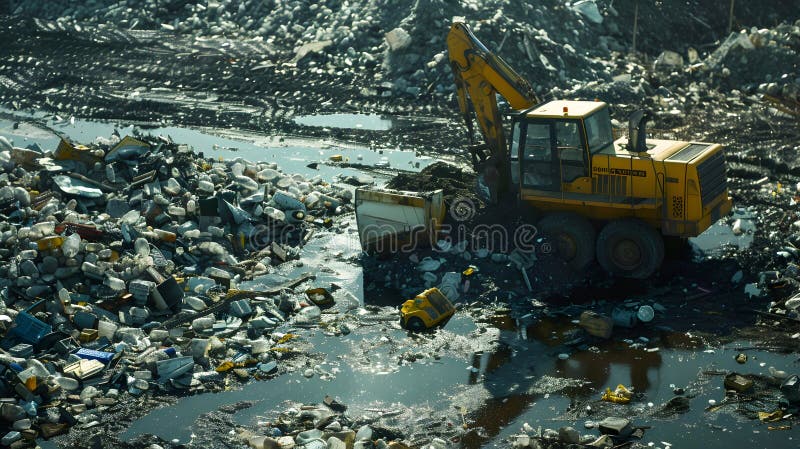 Yellow Excavator Working in a Landfill Photo Stock Illustration ...