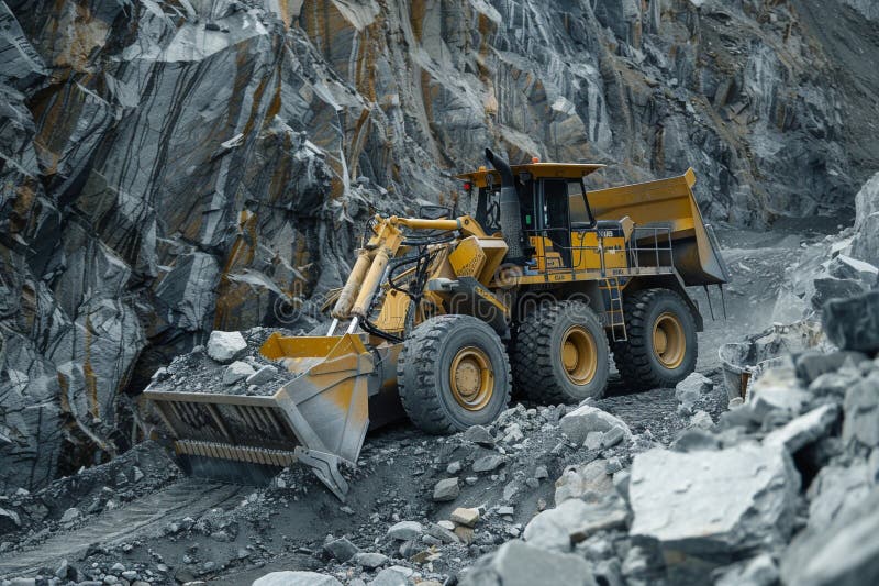 Yellow Excavator Working in a Quarry Stock Illustration - Illustration ...