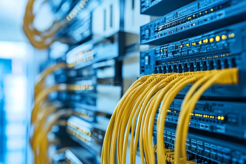 Yellow Fiber Optic Cables Connected To a Server Rack Visualizing High ...