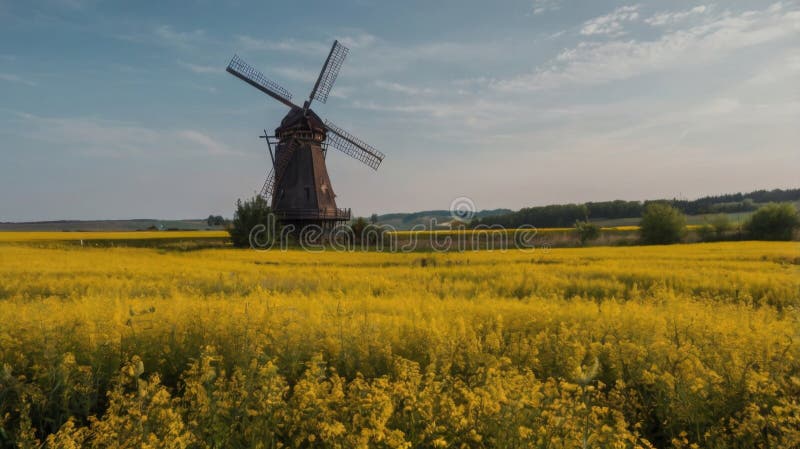 Yellow Field of Wildflowers and Oilseed Plants with a Windmill in View ...