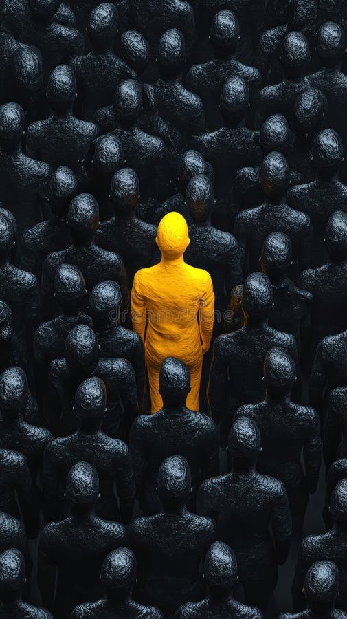 Yellow Figure Standing Out among Black Crowd, Symbolizing Individuality ...