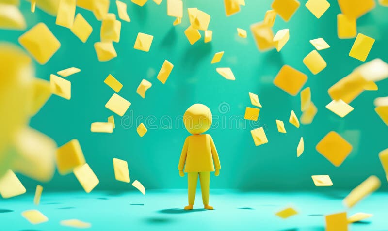 Yellow Figure Surrounded by Floating Yellow Squares on Turquoise ...