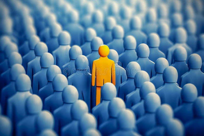Yellow Figure Symbolizing Individuality, Stands Out among a Blue Crowd ...