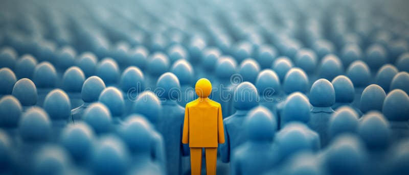 Yellow Figure Symbolizing Individuality, Stands Out among a Blue Crowd ...