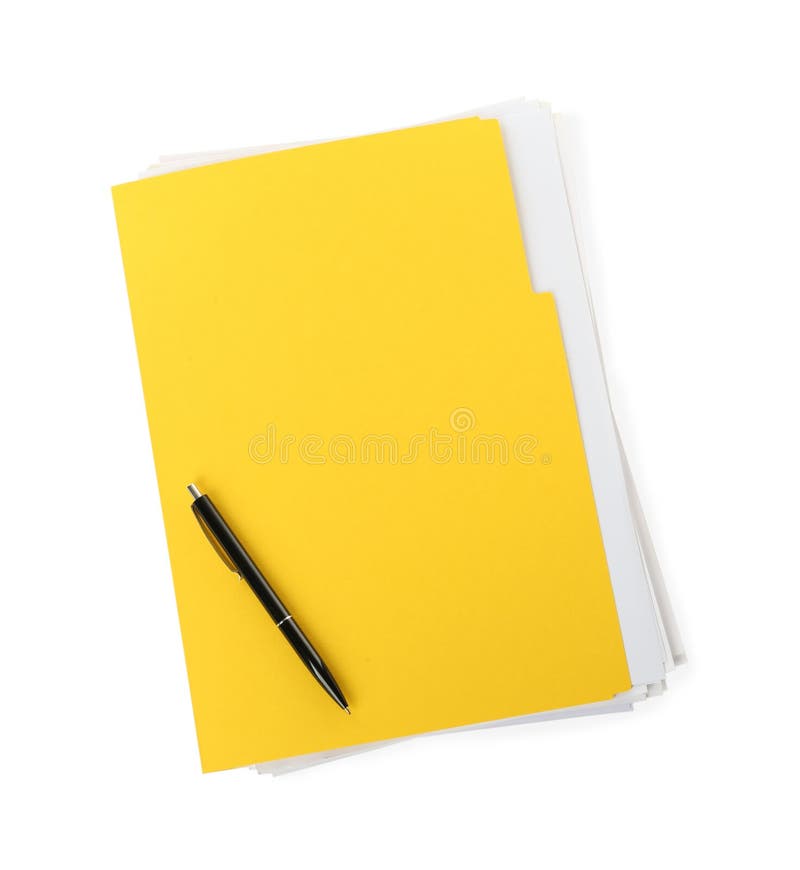 Yellow File with Documents and Black Pen Isolated on White, Top View ...