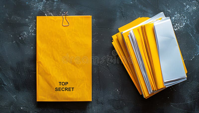Yellow File with Documents and Top Secret Stamp on Black Table, Top ...
