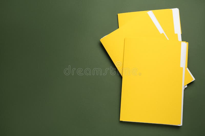 Yellow Files with Documents on Dark Green Background, Top View. Space ...