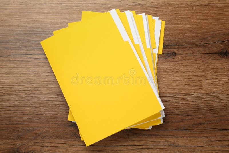 Yellow Files with Documents on Wooden Table, Top View Stock Image ...