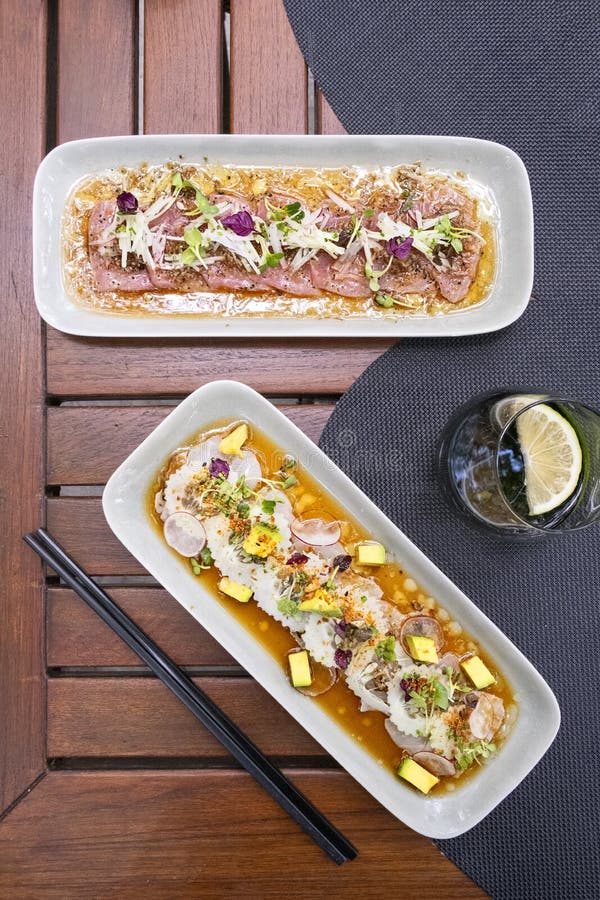 Yellow Fin Tuna and Red Snapper Carpaccio, Candid Light, Top View ...