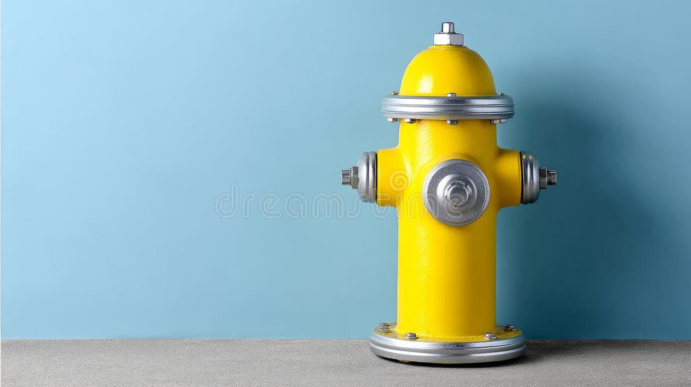 Yellow Fire Hydrant Against a Blue Wall on a Sidewalk. Stock Photo ...
