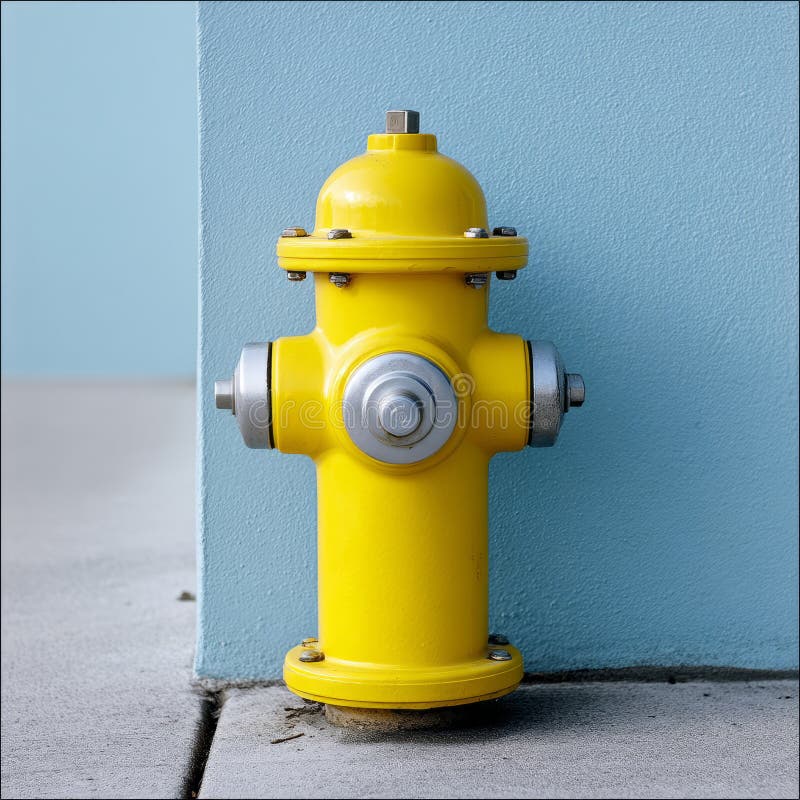 Yellow Fire Hydrant Against a Blue Wall on a Street Corner. Stock Image ...