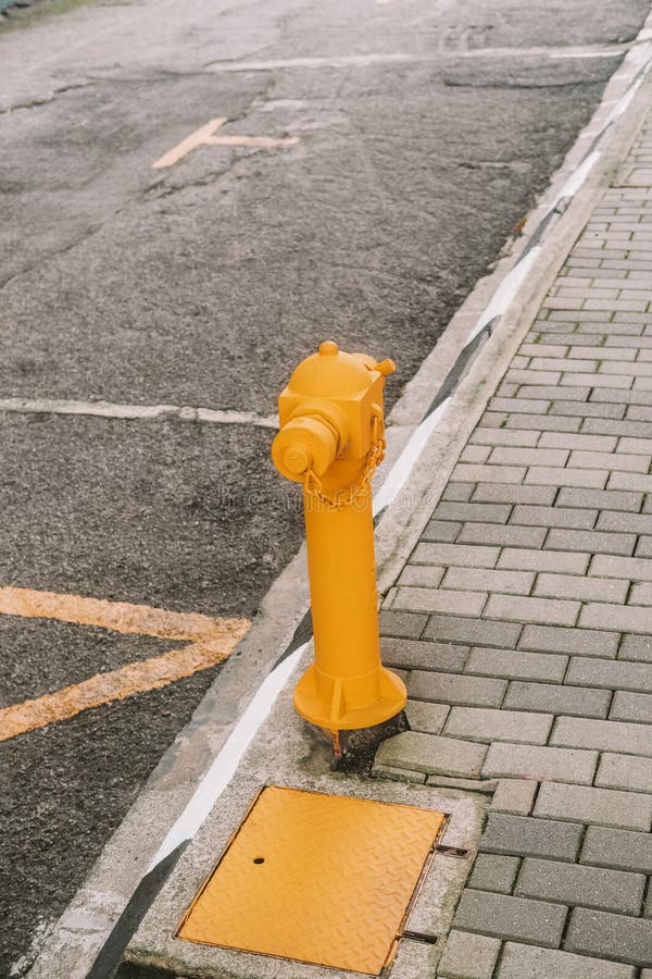 A Yellow Fire Hydrant Installed on the Sidewalk Next To an Asphalt Road ...