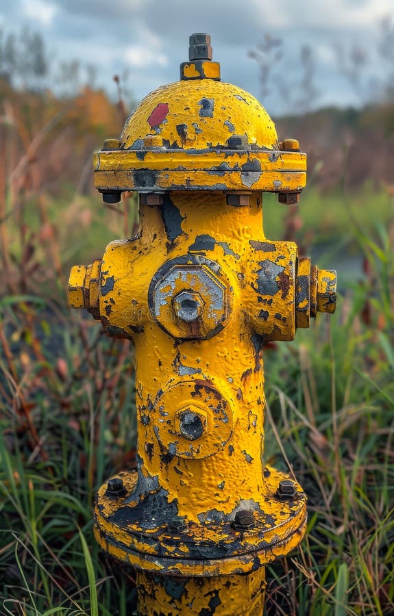 A Yellow Fire Hydrant with a Red Cap. the Hydrant is Old and Rusted ...