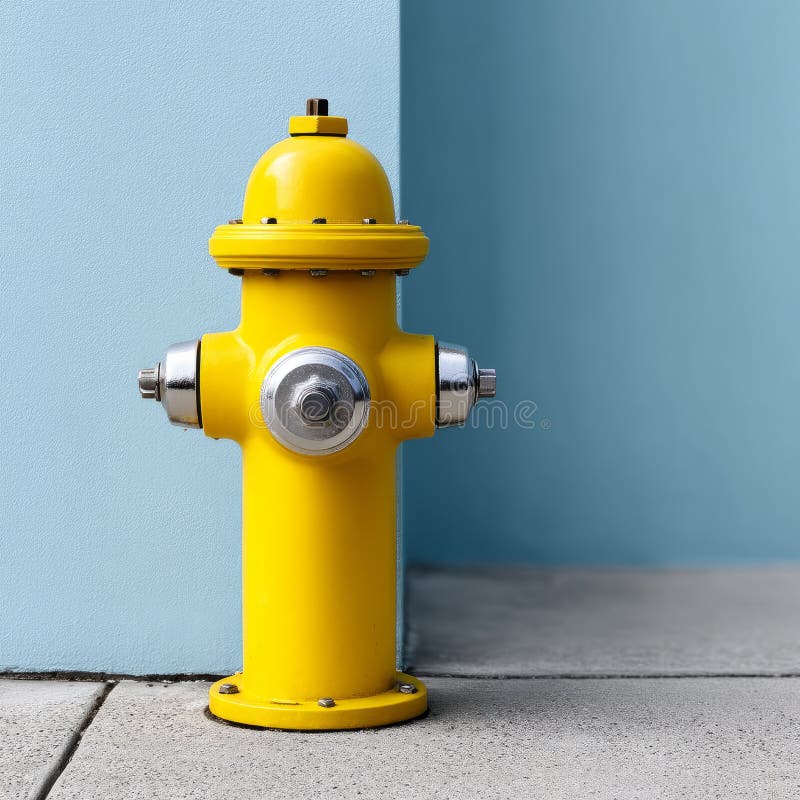 Yellow Fire Hydrant on a Sidewalk Against a Blue Wall. Stock Photo ...