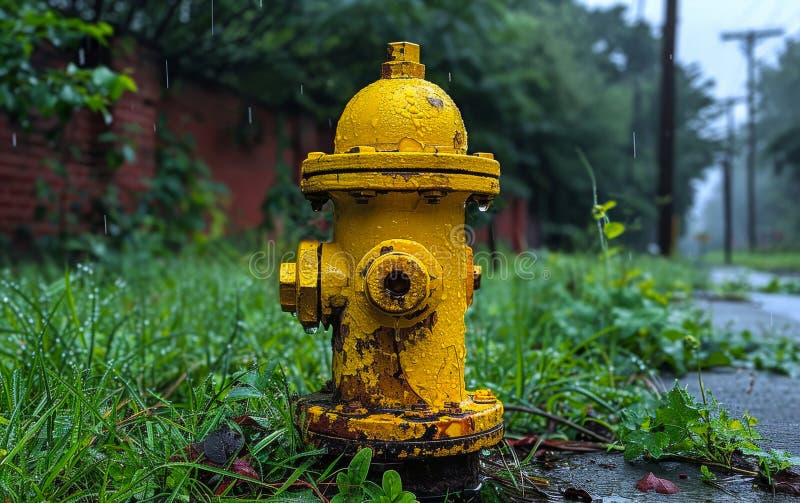 Yellow Fire Hydrant Sits in the Grass in the Rain. a Yellow Fire ...