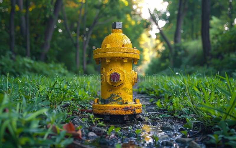 Yellow Fire Hydrant is Surrounded by Green Grass and Trees in Forest ...