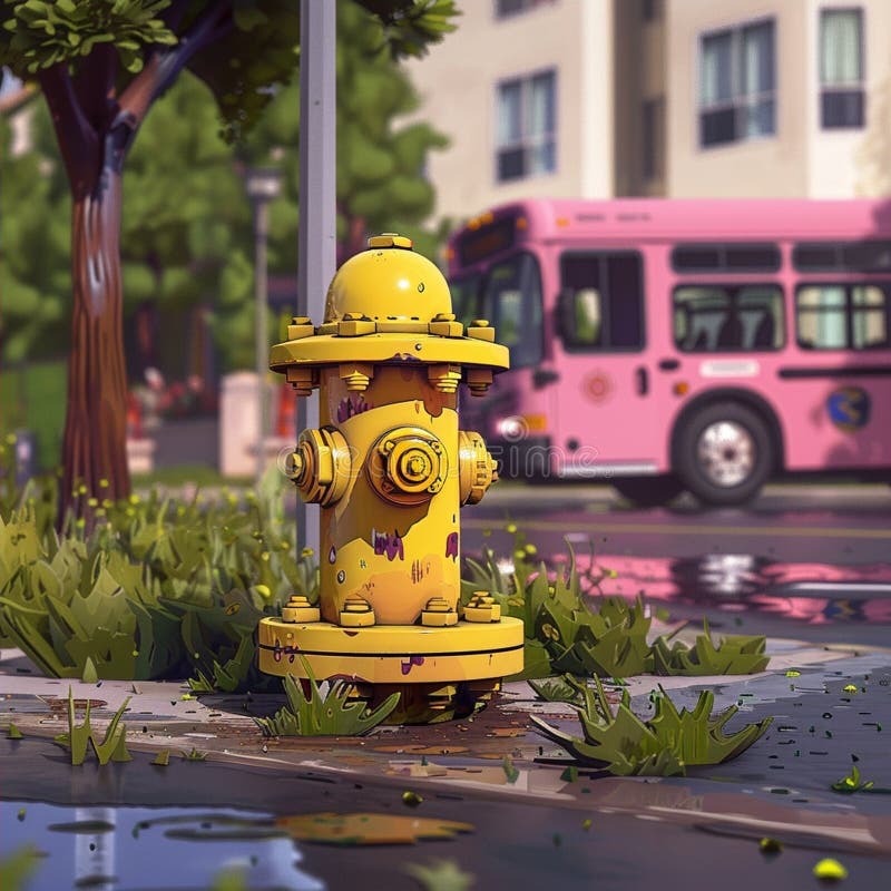 Yellow Fire Hydrant in Wii Game with Pink Bus Stock Illustration ...