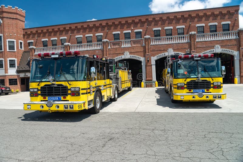 Yellow Fire Trucks Sit Inside the Fire Station House Editorial Stock ...