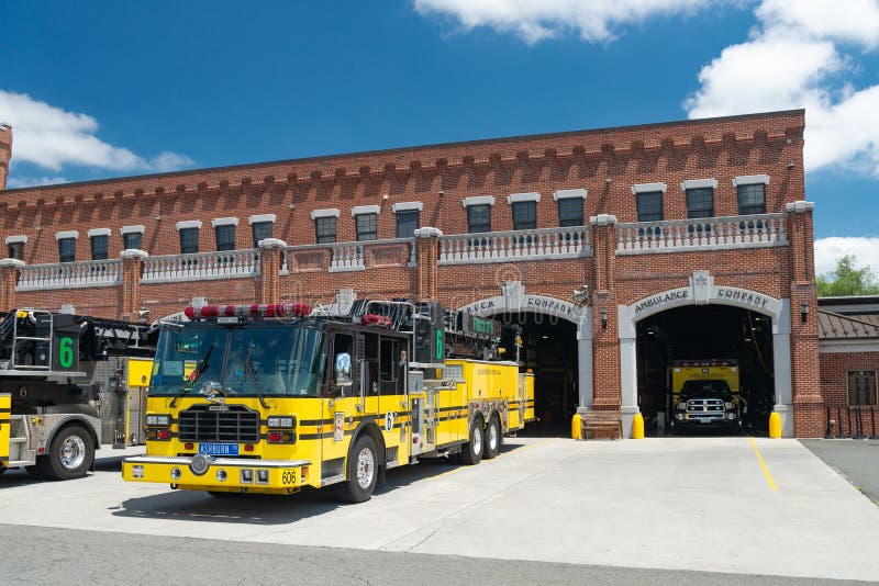Yellow Fire Trucks Sit Inside the Fire Station House Editorial Stock ...