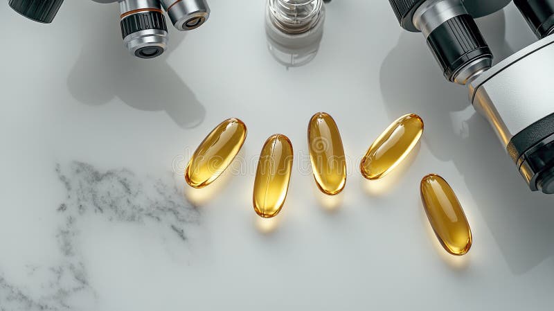 Yellow Fish Oil Softgels are Scattered on a Laboratory Table Surrounded ...