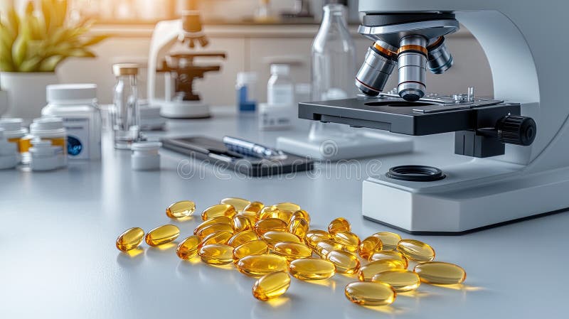 Yellow Fish Oil Softgels are Scattered on a Laboratory Table Surrounded ...