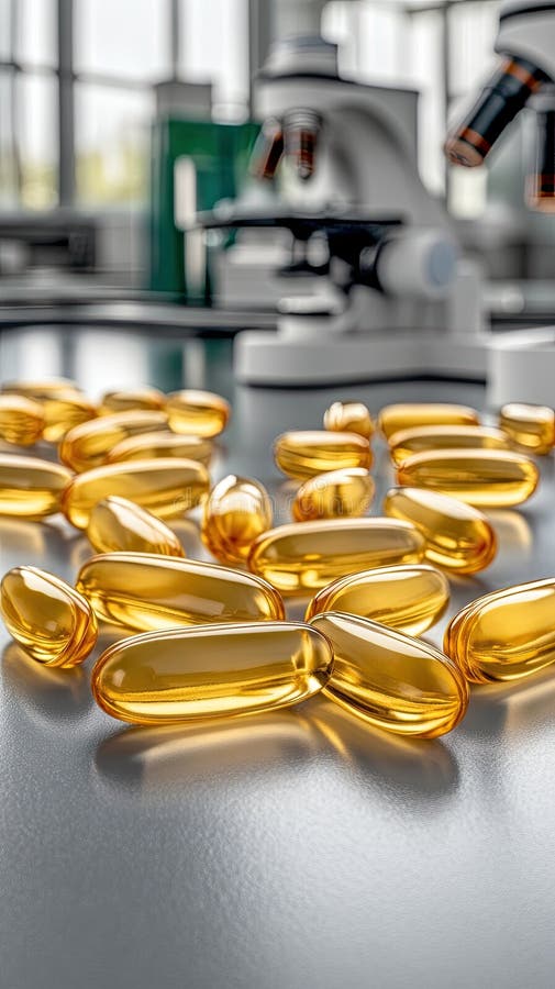 Yellow Fish Oil Softgels are Scattered on a Laboratory Table Surrounded ...