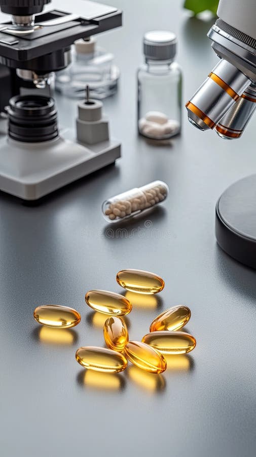 Yellow Fish Oil Softgels are Scattered on a Laboratory Table Surrounded ...
