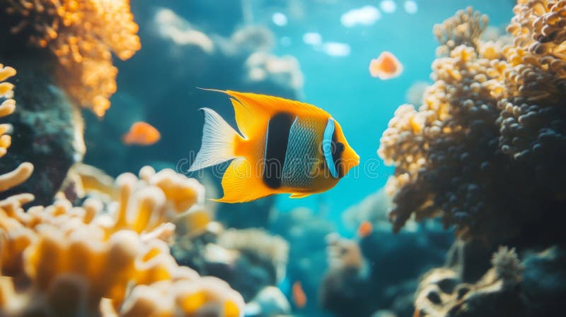 Yellow Fish Swimming Amidst Vibrant Coral Reef Stock Illustration ...