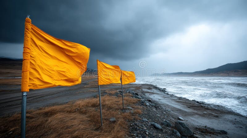 Yellow Flags Flutter Fiercely in Stormy Coastal Landscape Stock ...
