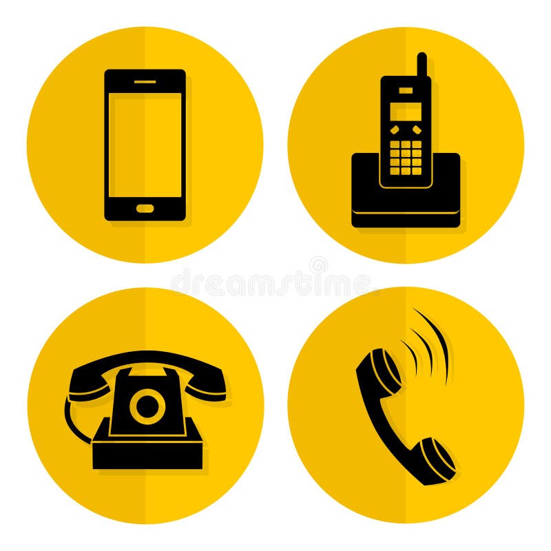 Yellow Flat Style Telephone Icons. Circle Buttons Stock Vector ...