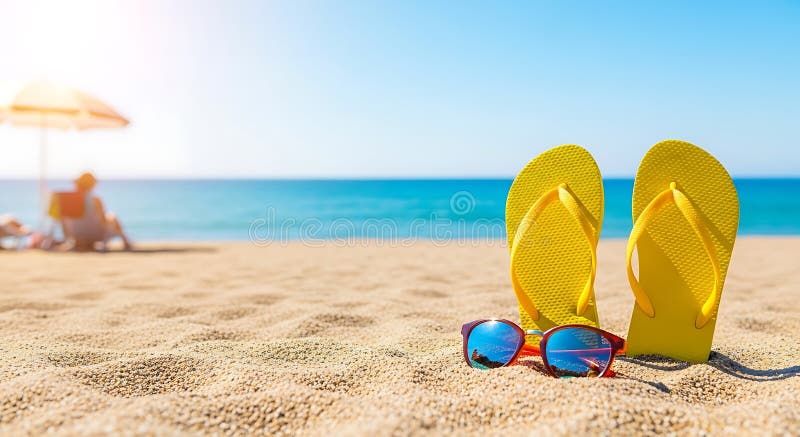 Yellow Flip-flops and Red Sunglasses are Placed on Sandy Beach with the ...