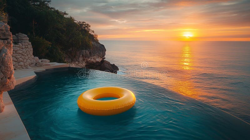 Yellow Float Ring Drifting in Luxury Cliffside Infinity Pool with Ocean ...