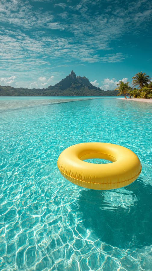 Yellow Float Ring in Tranquil Turquoise Water Near Tropical Island ...
