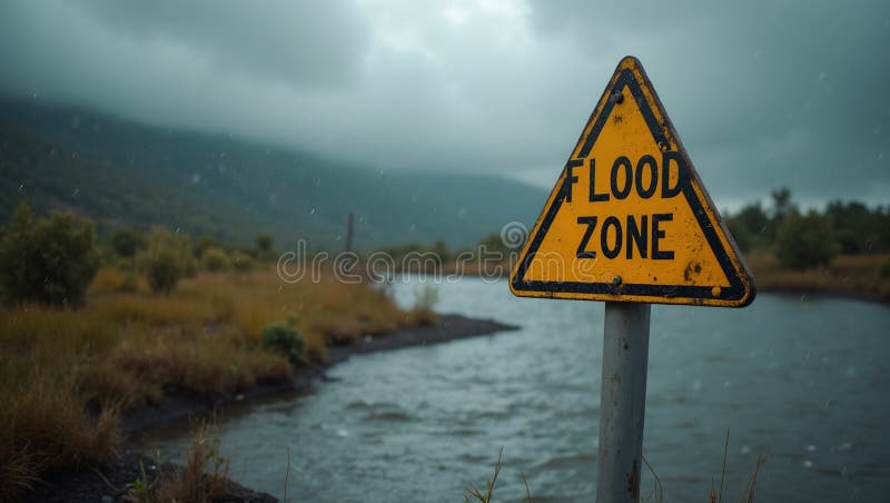 Yellow FLOOD ZONE Warning Sign by River Under Dark Clouds Stock ...