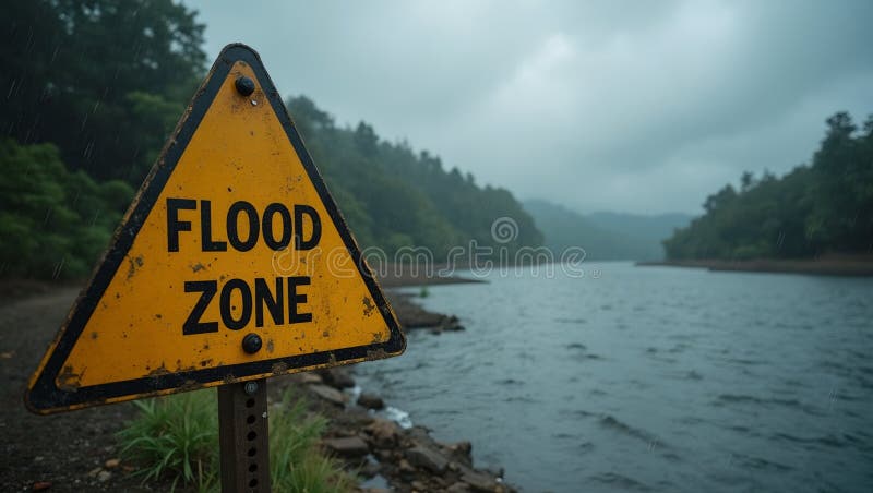 Yellow FLOOD ZONE Warning Sign by River Under Dark Clouds Stock ...