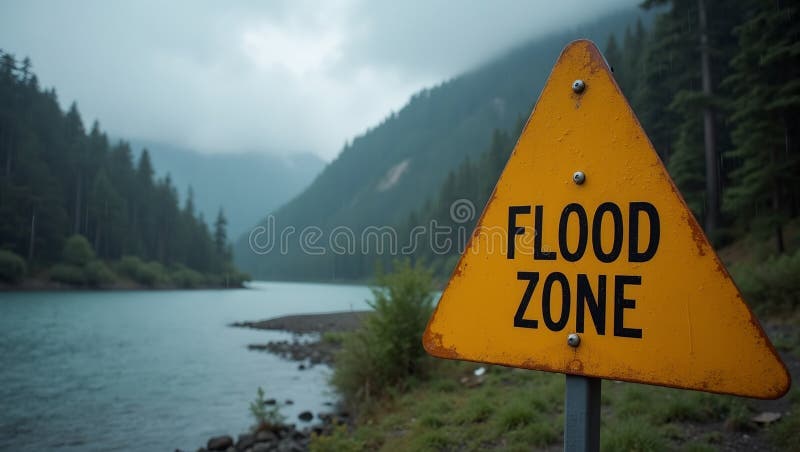 Yellow FLOOD ZONE Warning Sign by River Under Dark Clouds Stock ...
