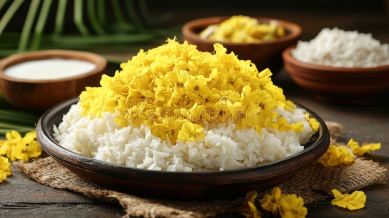 Yellow Floral Garnished Rice Dish with Coconut Milk and Bamboo Mat ...