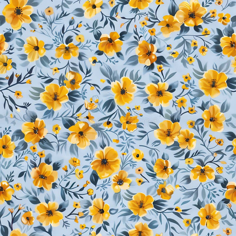 Yellow Floral Pattern on Blue Background Stock Illustration ...