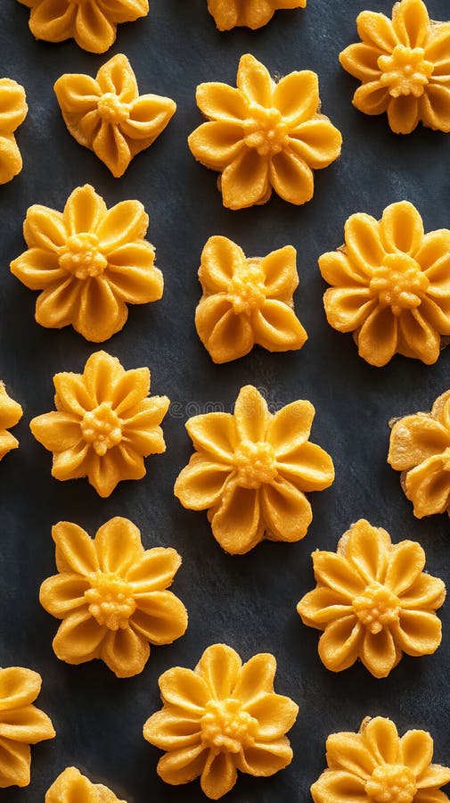 Yellow Floral-shaped Cookies on Dark Background, Top View. Creative ...