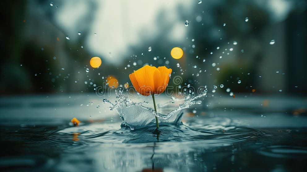 A Yellow Flower Falls into the Water. Splashes of Water. Horizontal ...