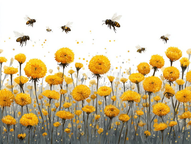 Yellow Flowers and Bees in a White Field Stock Illustration ...