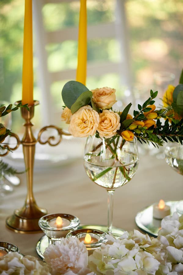 Yellow Flowers Details of the Wedding Table Decorated with Flowers ...